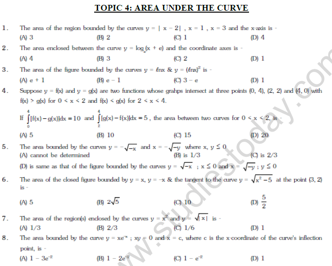 JEE Mathematics Area under Curve MCQs Set B with Answers